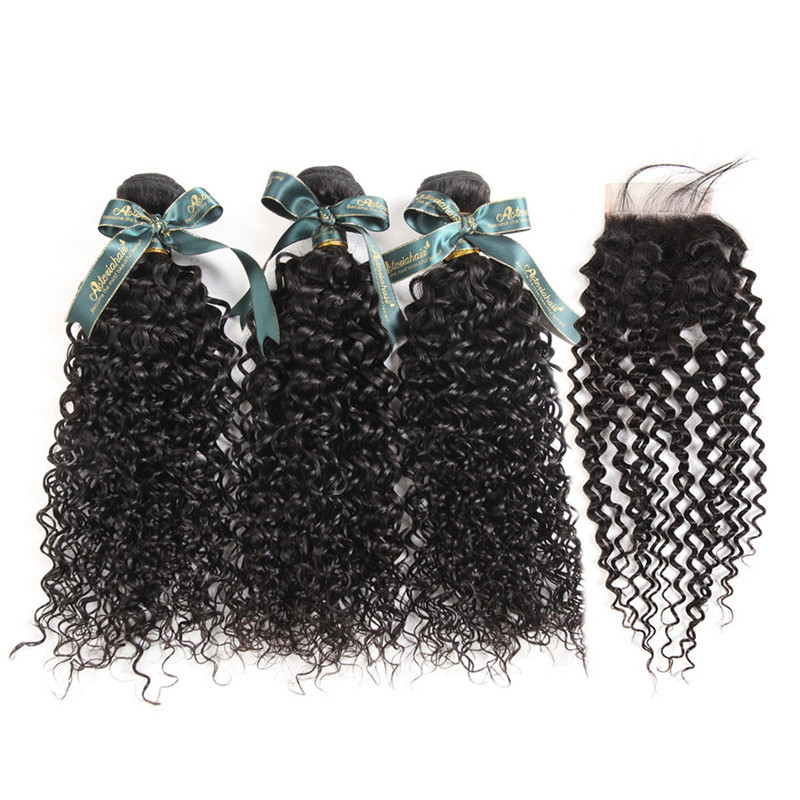 Virgin Curly Hair 3 Bundles With Lace Closure Human Hair Curly Afro ...