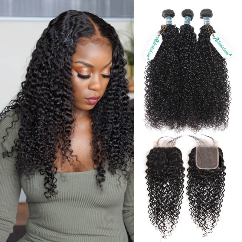 Kinky Curly Hair 3 Bundles With 5*5 Lace Closure Soft Peruvian Hair ...