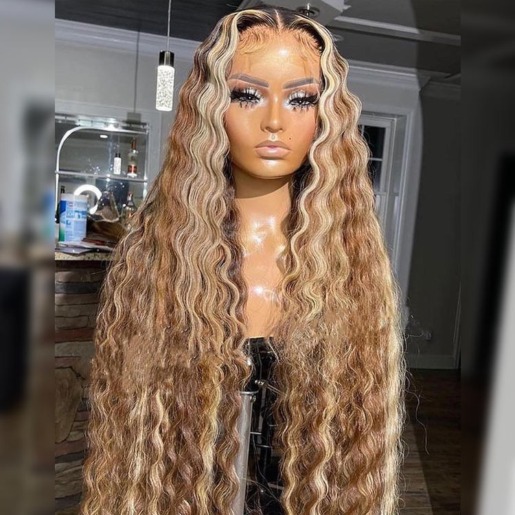 Highlighted Deep Wave Wig With Blonde Highlights -Asteriahair
